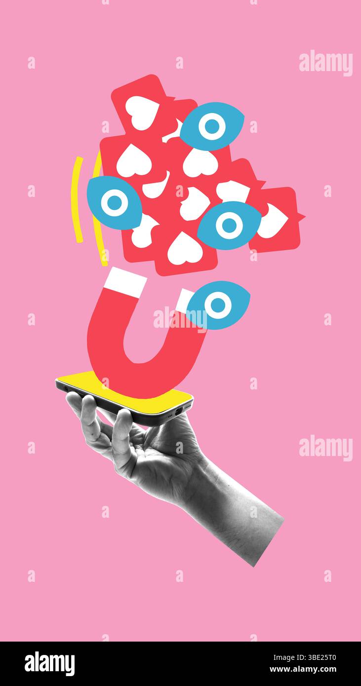 Surreal artwork. Hand holding smartphone topped with magnet pulls eyes ...