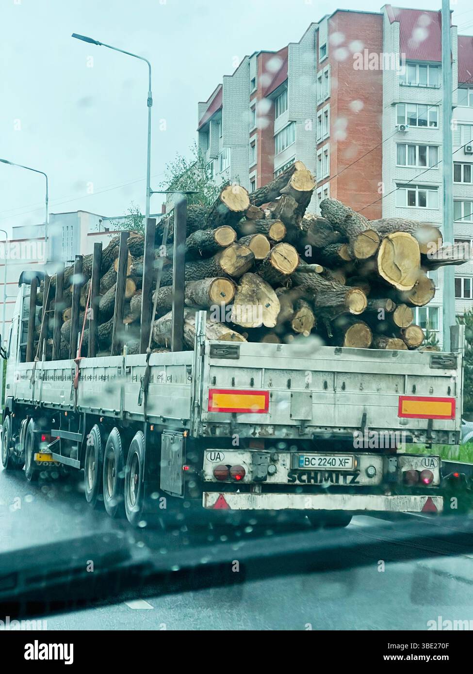 Kyiv, Ukraine - May 26, 2025: Truck carrying freshly cut wooden logs ...
