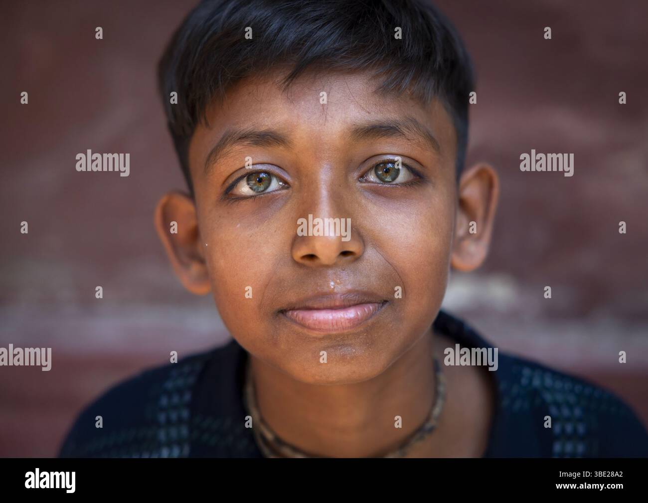 Portrait of a bangladeshi boy with clear eyes in Kantajew hindu temple, Rangpur Division ...