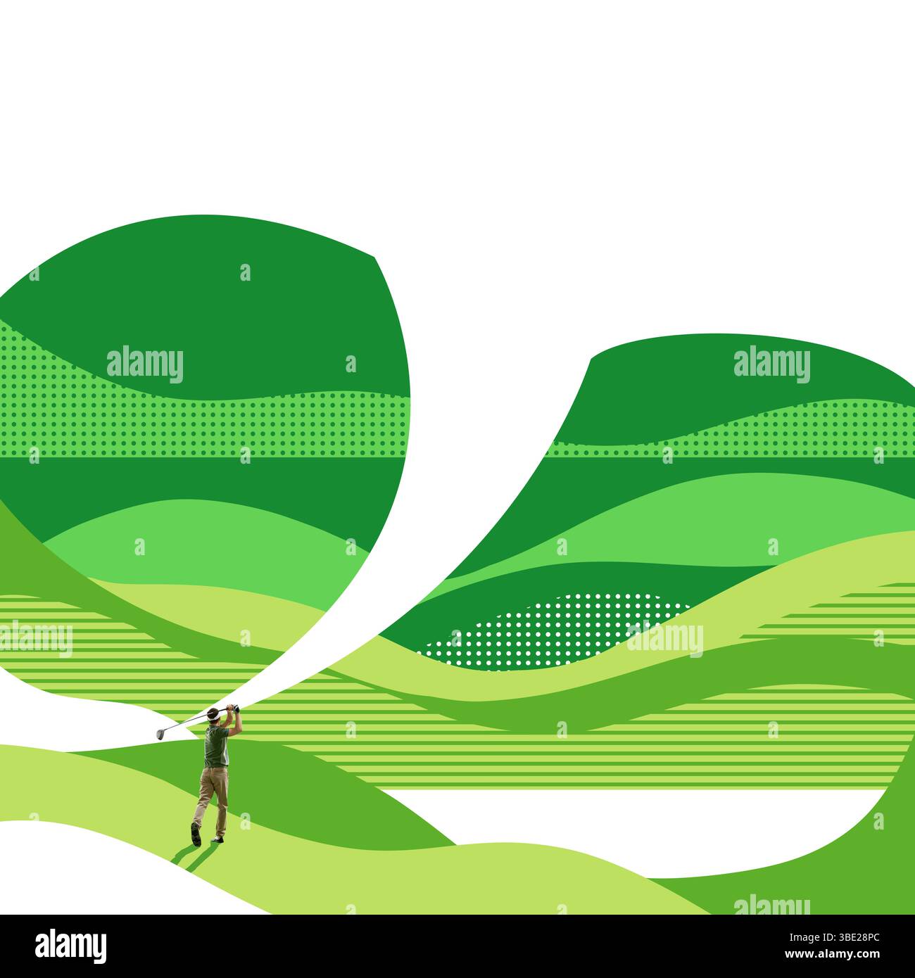 Modern artwork. Abstract hill layers curve around golf player swinging ...