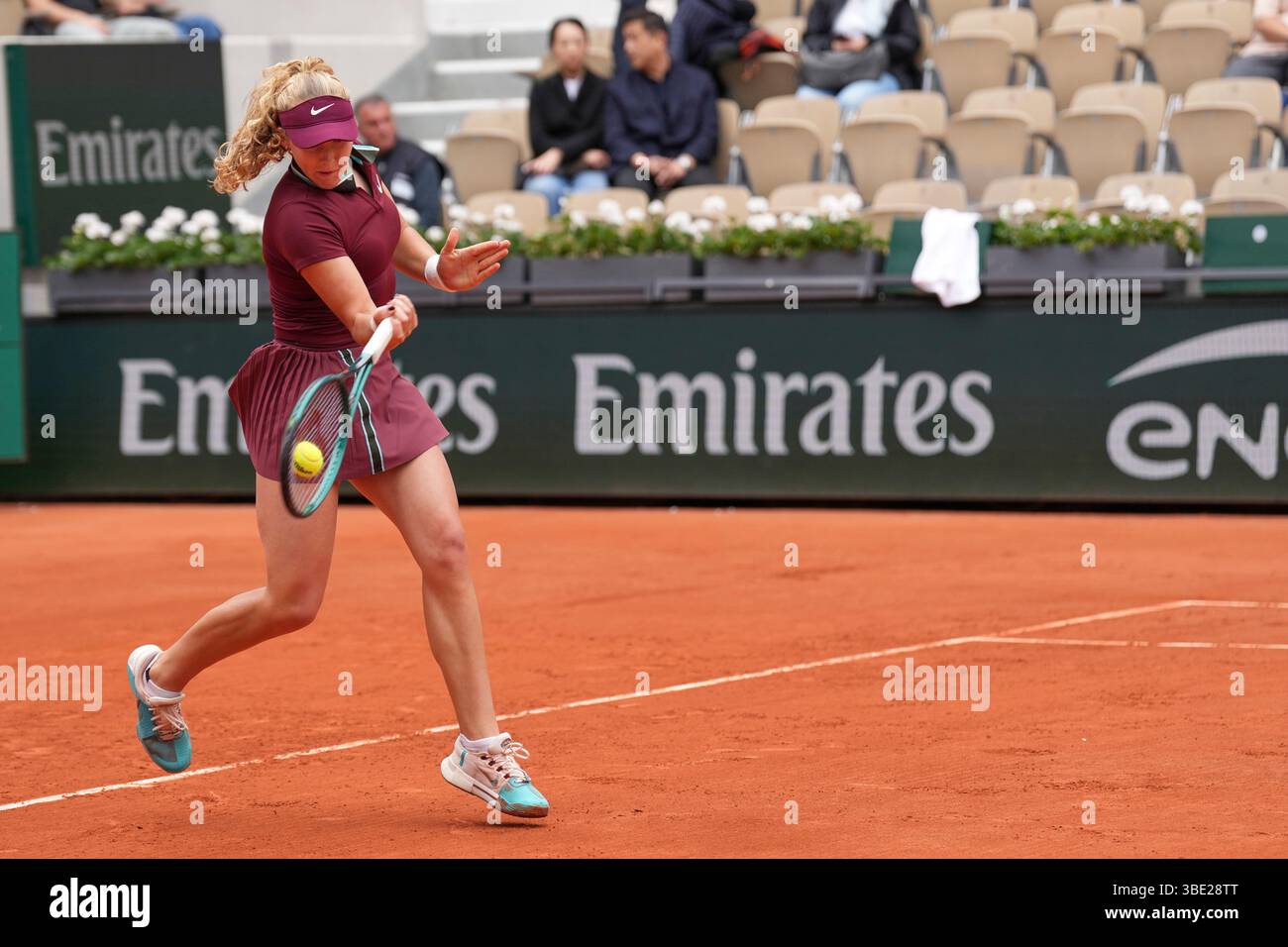 Russia's Mirra Andreeva returns the ball to Spain's Cristina Bucsa during their first round ...