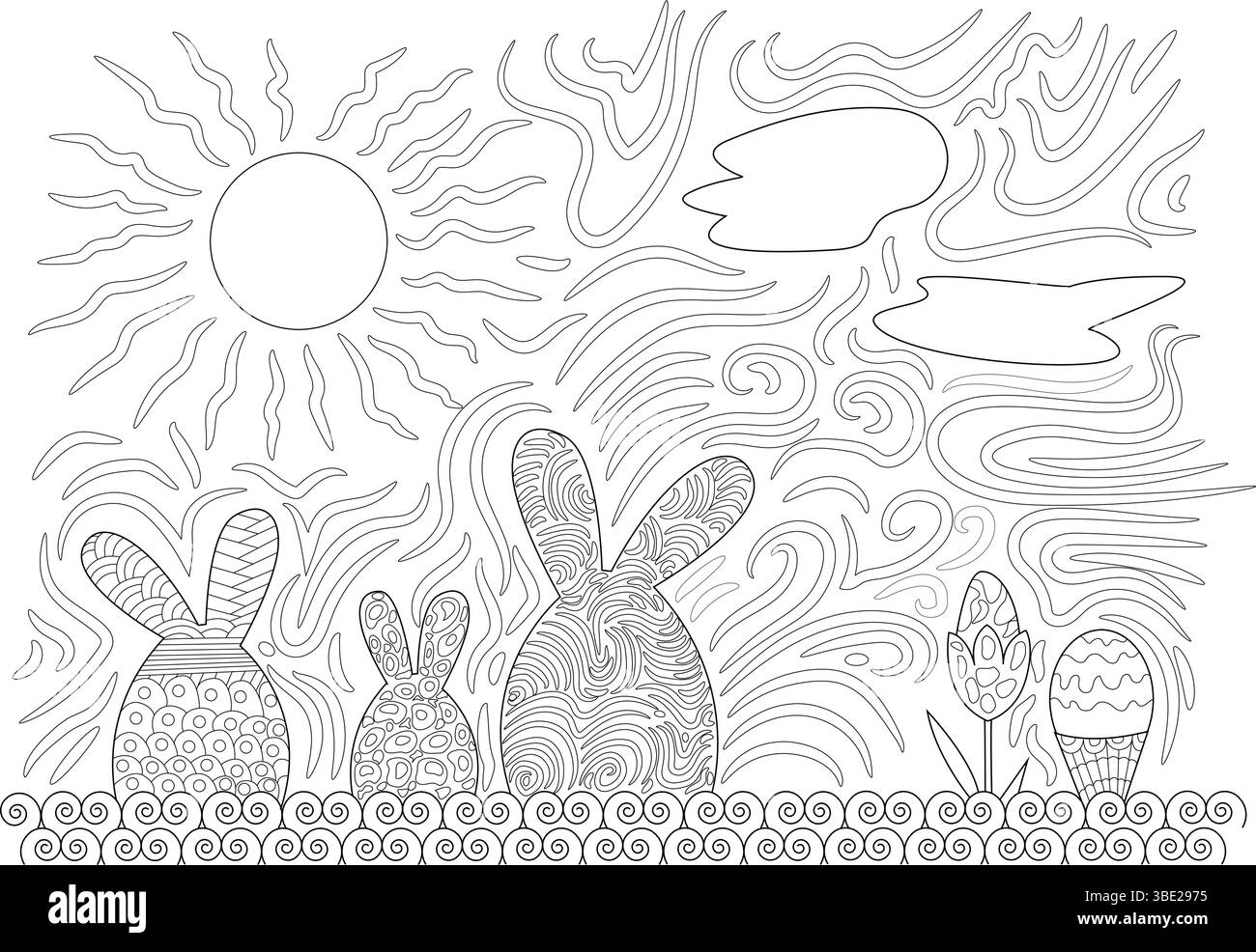 Simple line art illustration for coloring featuring three stylized ...