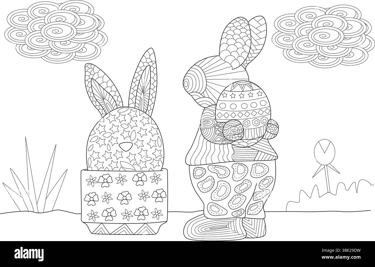 Black and white line art illustration featuring two stylized Easter ...