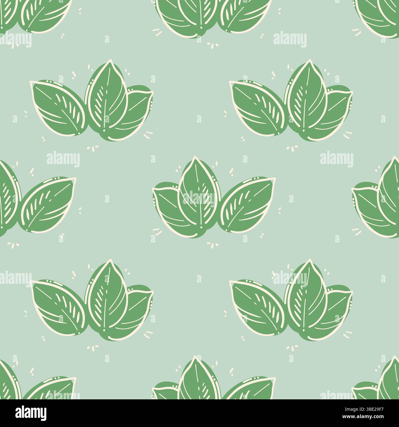 Pattern mint leaves doodle, contour drawing on background of green ...