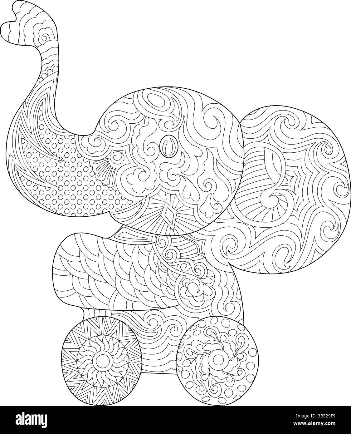 Black and white line art illustration of a charming toy elephant on ...