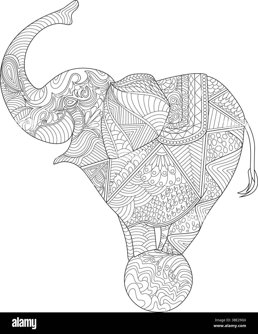 Detailed hand-drawn line art illustration of an elephant balancing on a ...