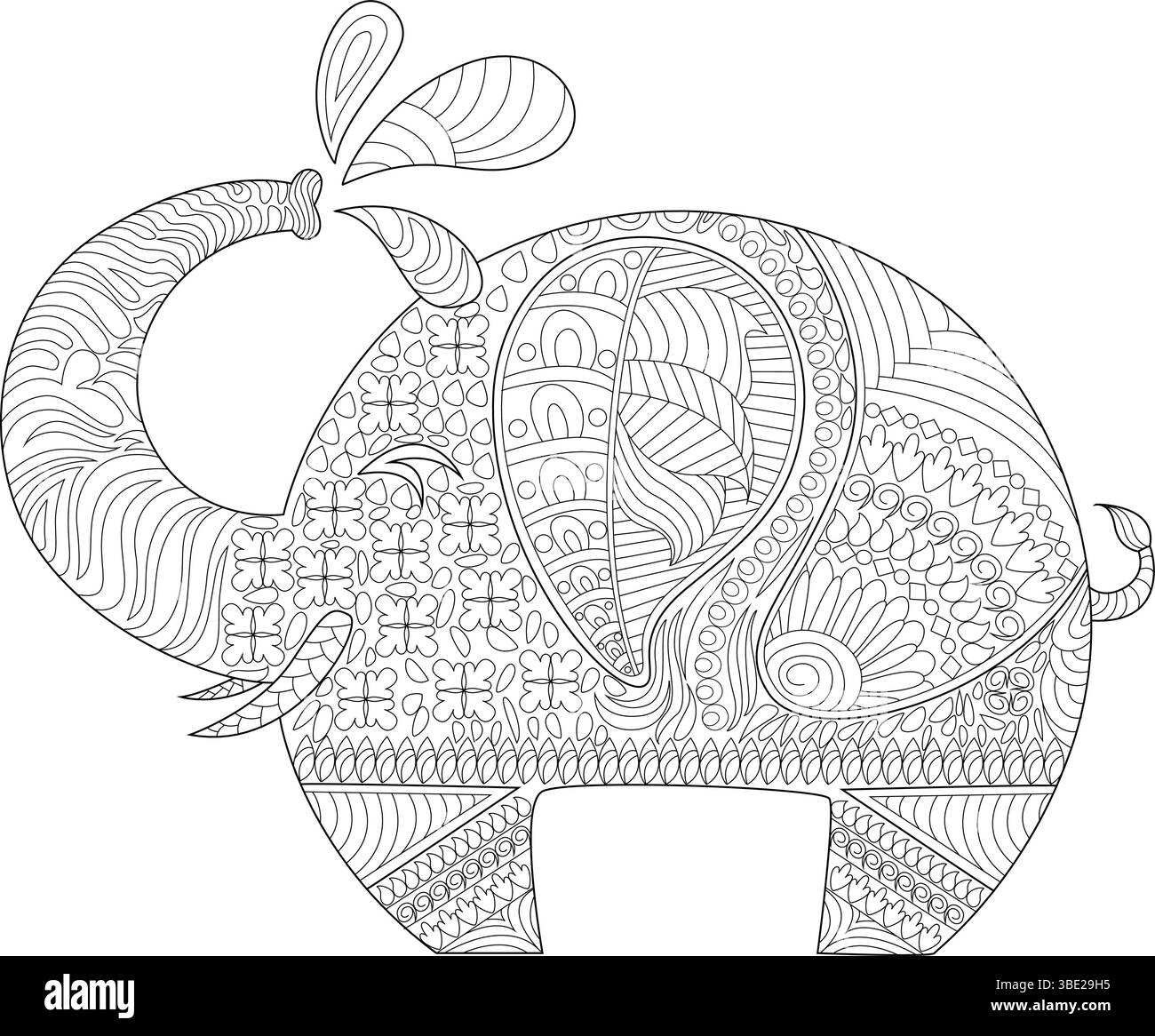 Detailed black and white line art illustration of a stylized elephant ...