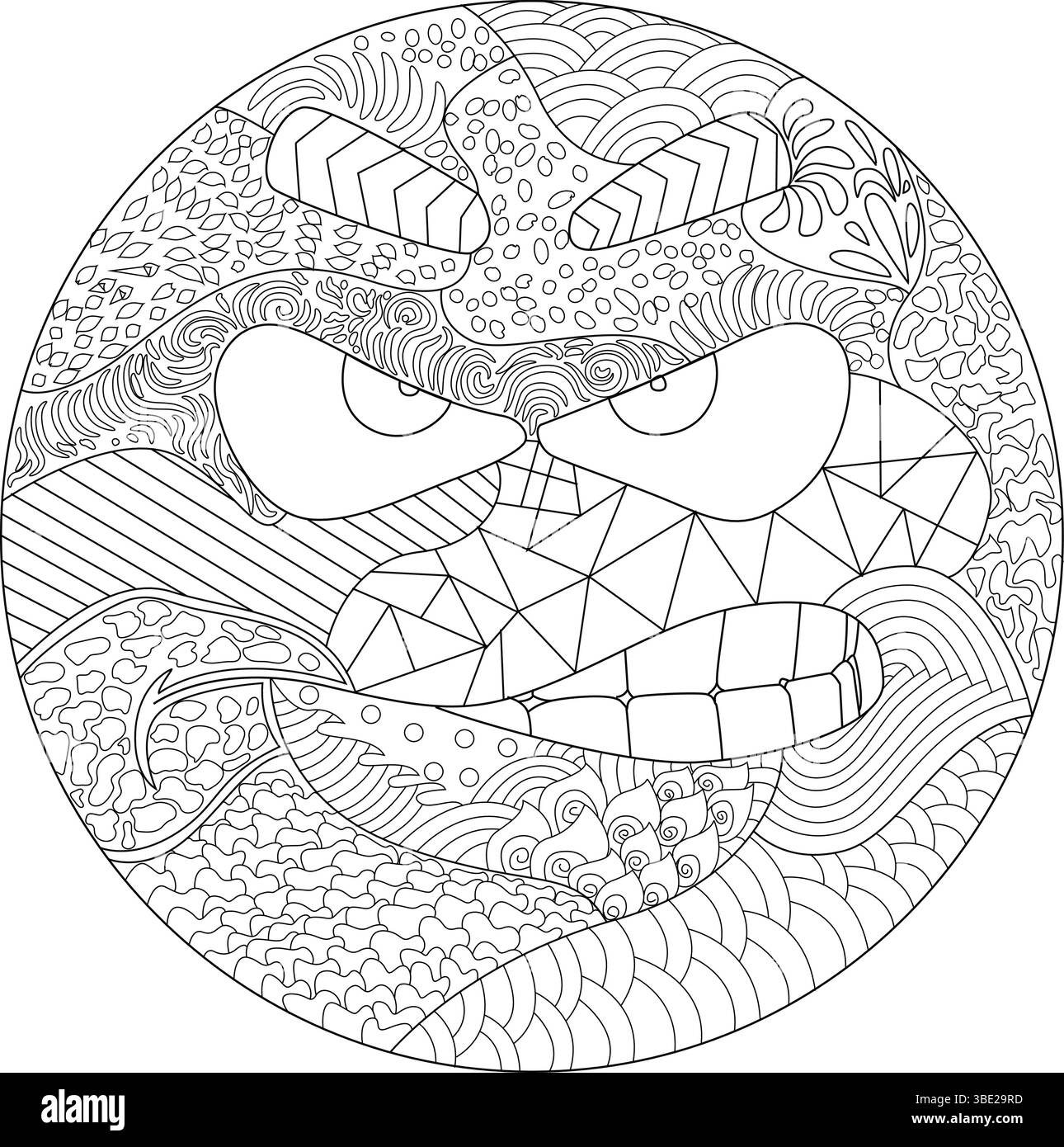 Black and white line art illustration of an angry emoji face filled ...