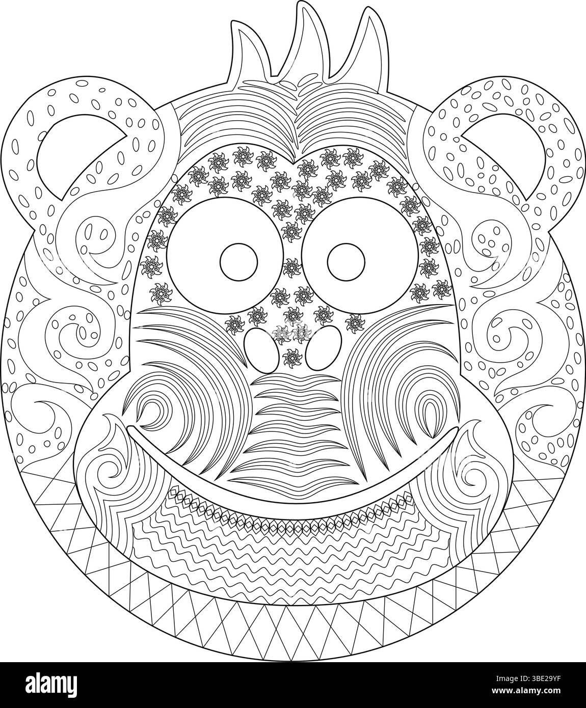 Black and white line drawing of a stylized, abstract cartoon face or ...
