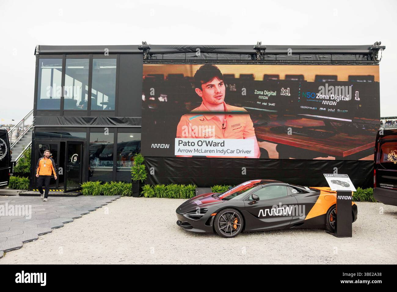 Pato O’Ward seen on a screen outside the Arrow McLaren mobile HQ during ...