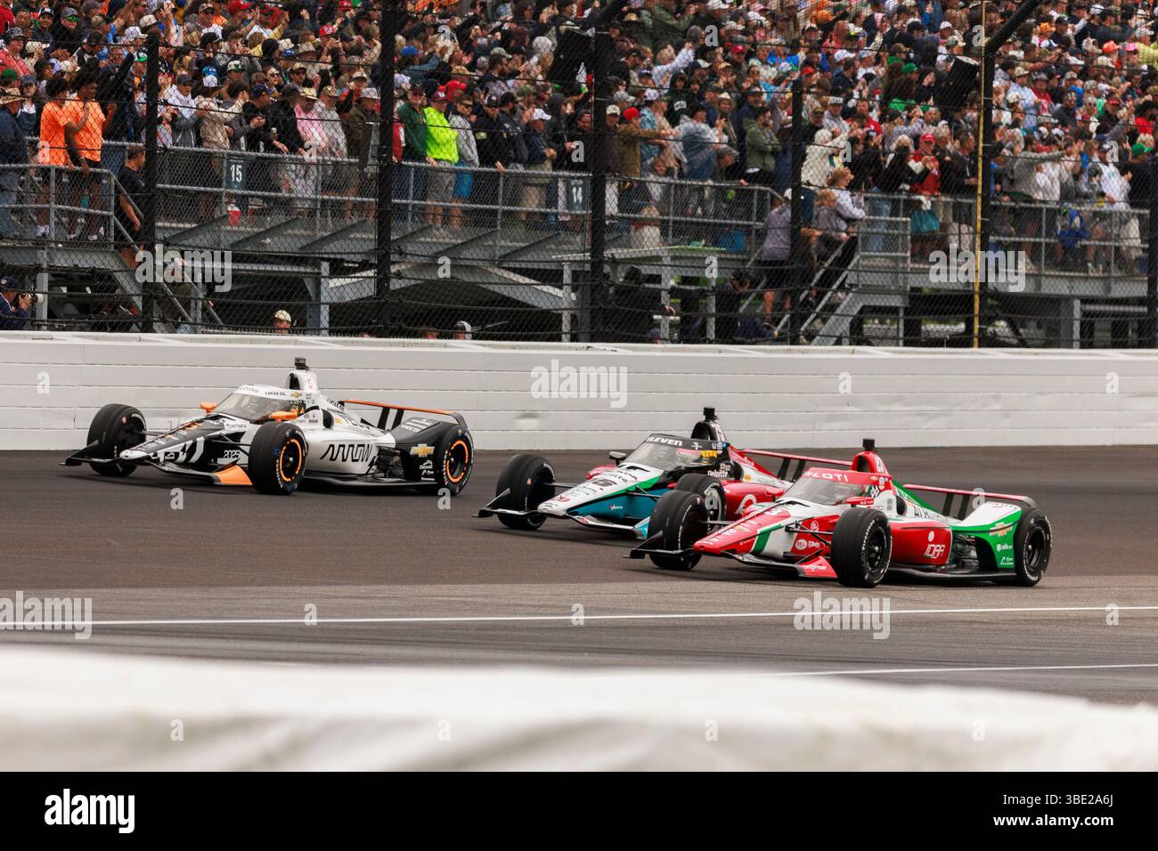 Pato O’Ward, Takuma Sato and Robert Schwartzman lead a pace lap before ...
