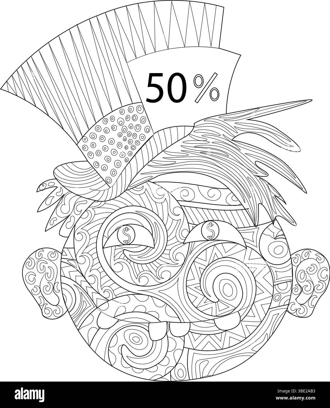 Black and white line art illustration of a whimsical face wearing a top ...