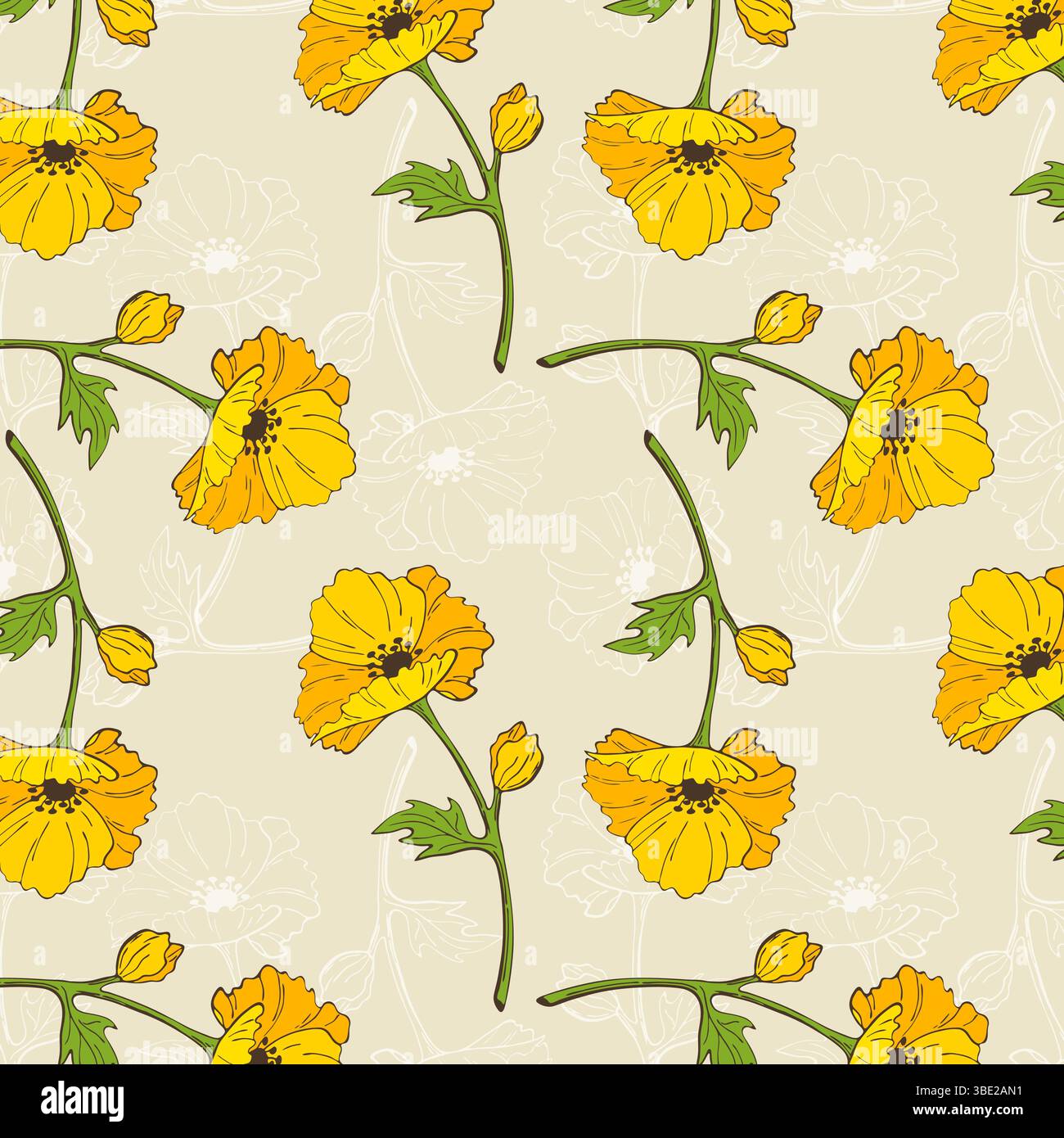 California poppy pattern, golden poppy on creme background. Yellow ...