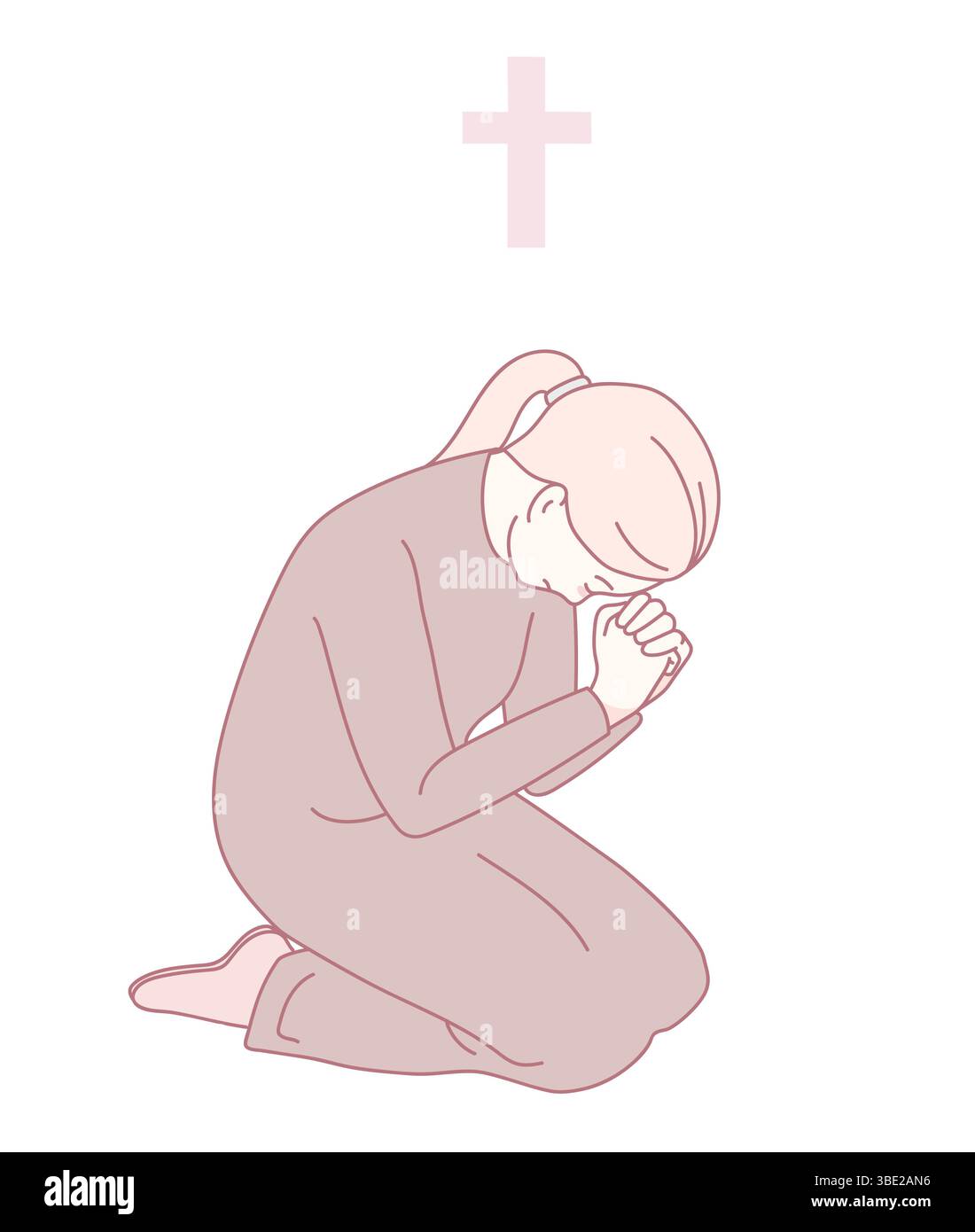A serene illustration of a person in deep prayer, holding a cross that ...