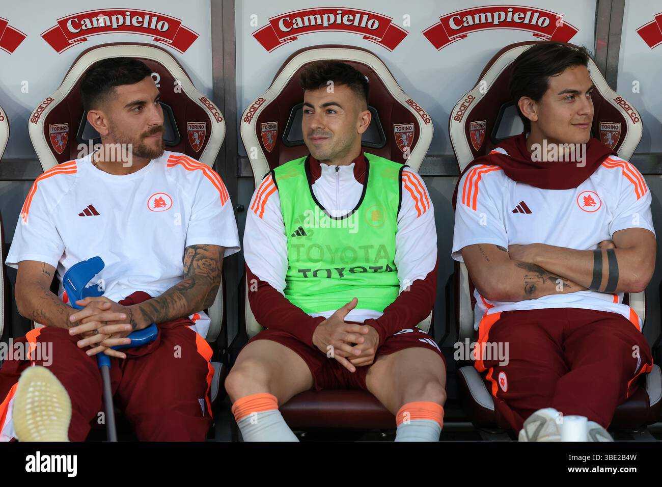 Turin, Italy. 25th May, 2025. Lorenzo Pellegrini, Stephan El Shaarawy and Paulo Dybala of AS ...