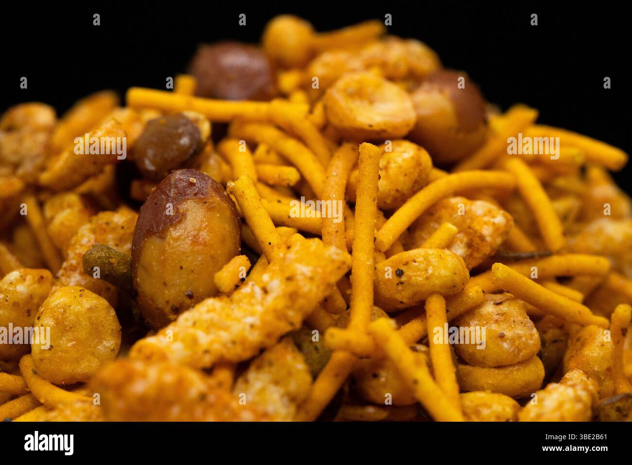 Hot spicy NavRatan mixture snacks in full-frame, made with, potato ...