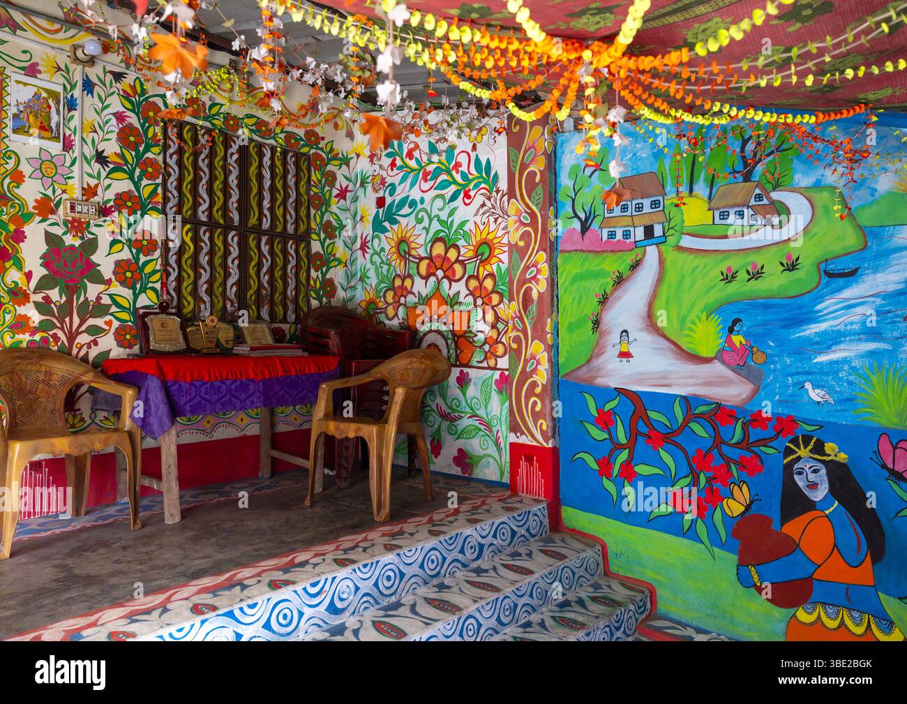 Traditional colorful wall painting in a bangladeshi house, Rajshahi ...