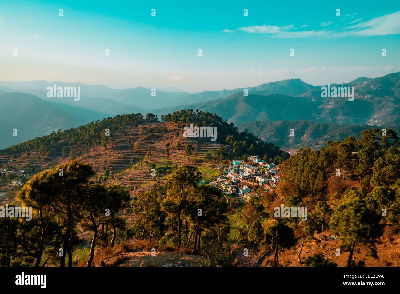 Panoramic Aerial View of River and Village Amidst Lush Greenery – Almora Uttarakhand, India ...