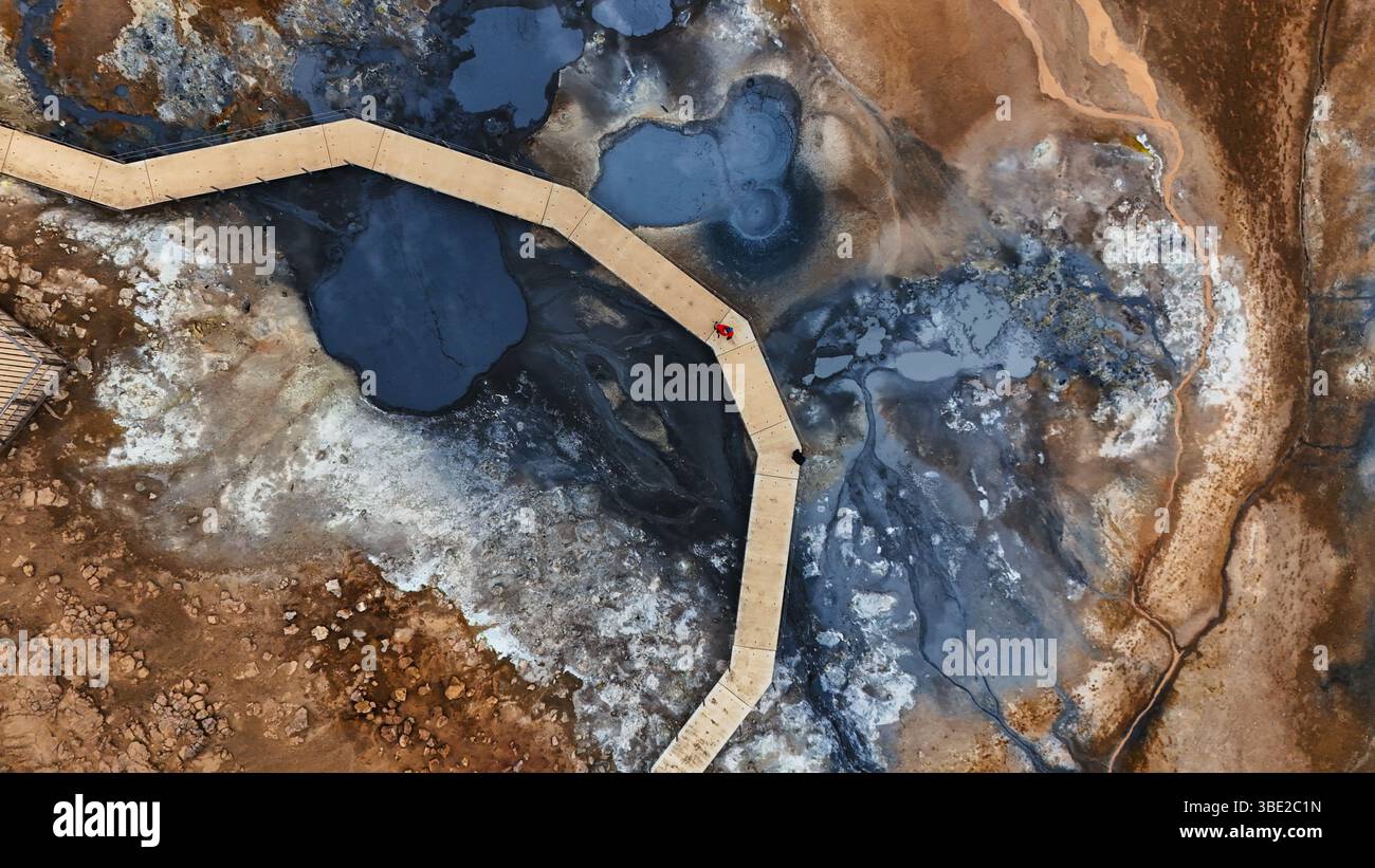 Aerial view of Icelandic geothermal area with colorful ground, steam ...