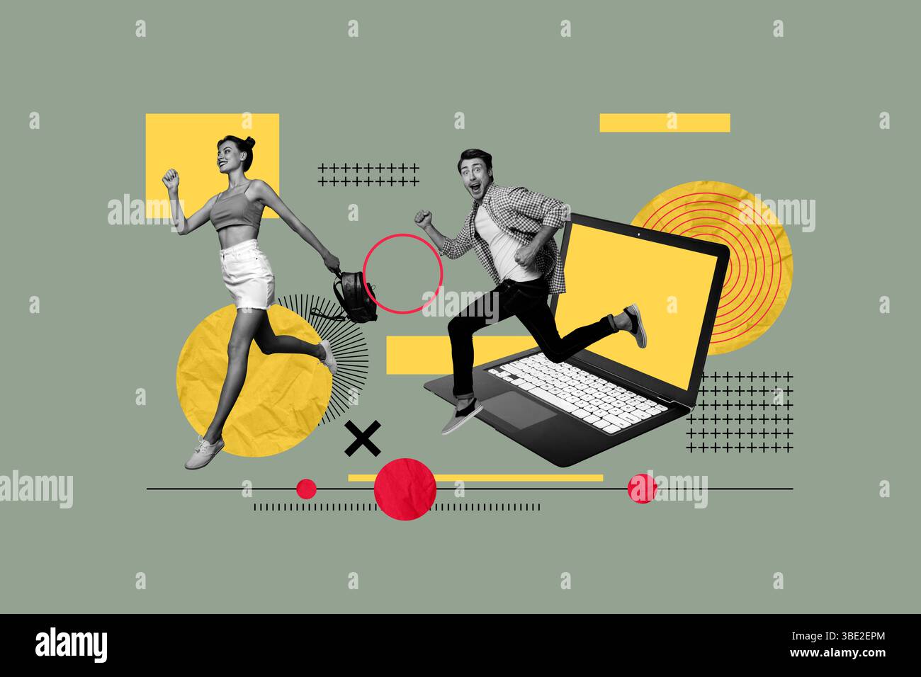 Poster trend collage of people stand run near digital netbook on green ...