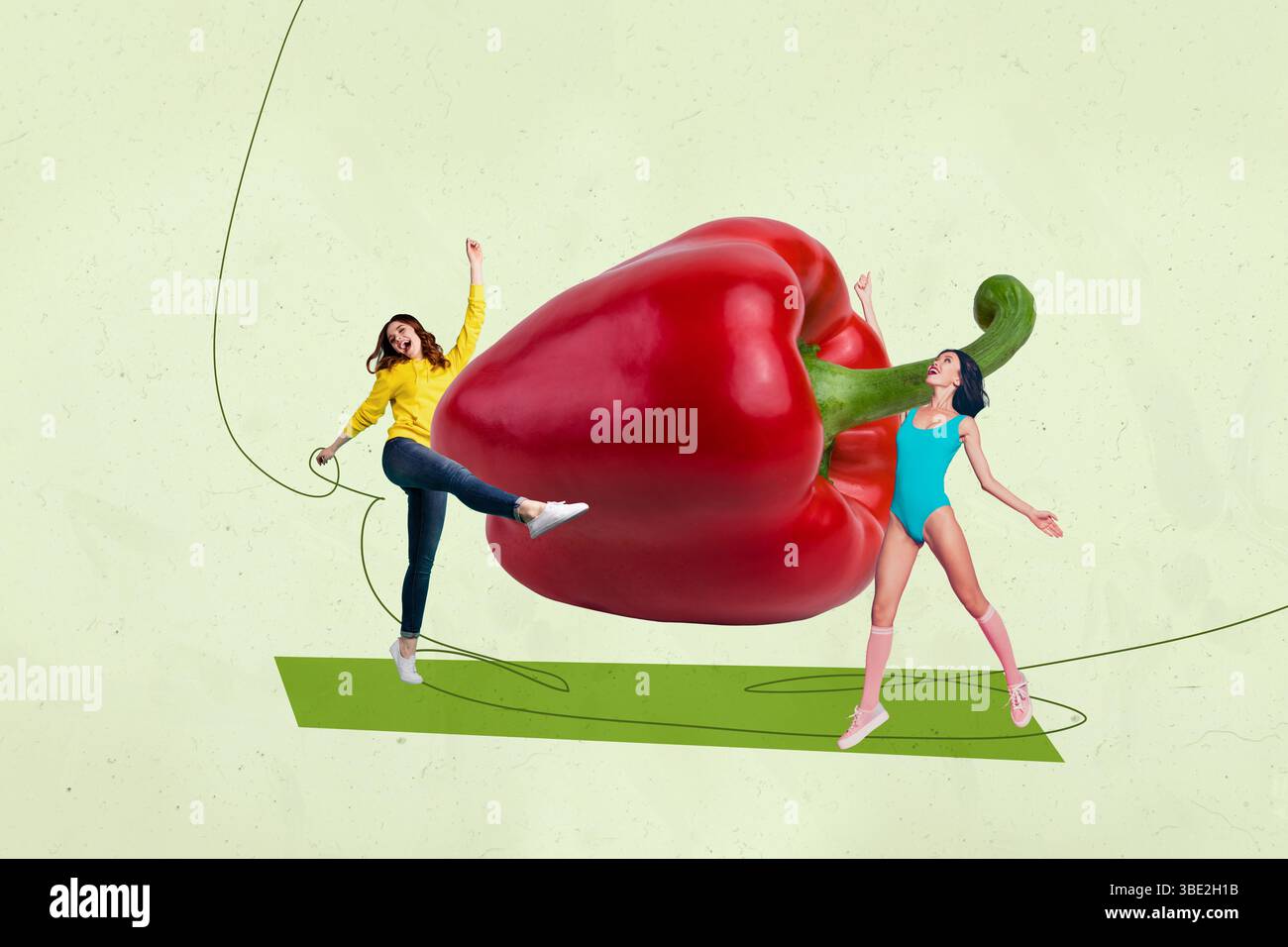 Poster template collage of people hold big bell pepper on green ...