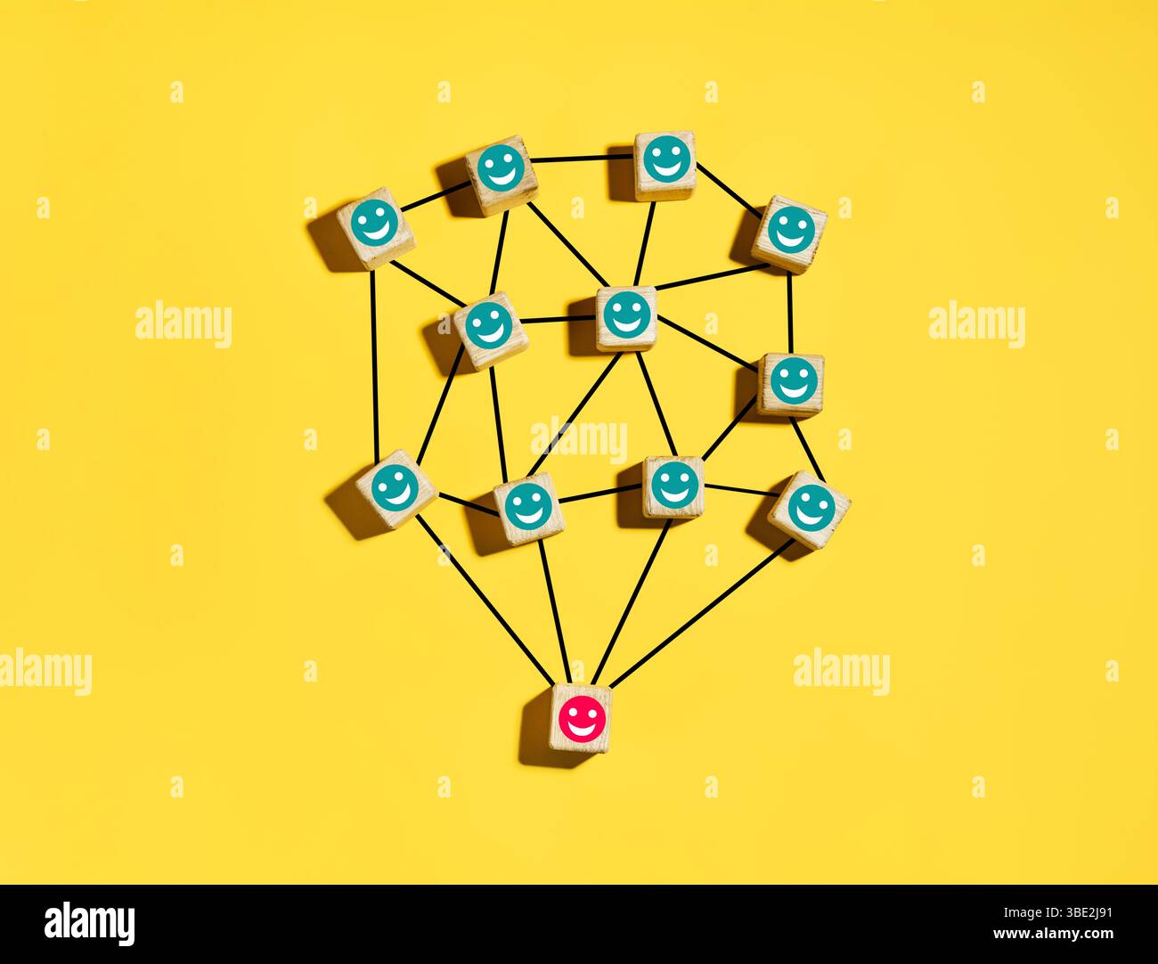 Wooden cubes with smiley faces linked by black lines in leadership ...