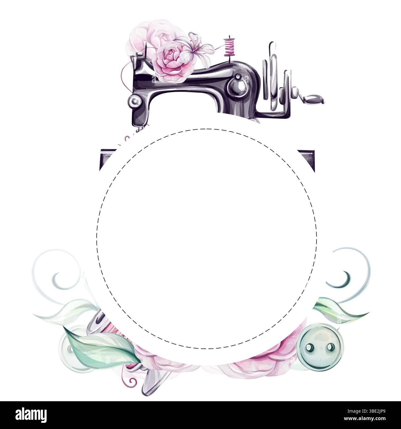 Watercolor circle frame, template- vintage sewing machine, buttons and ...