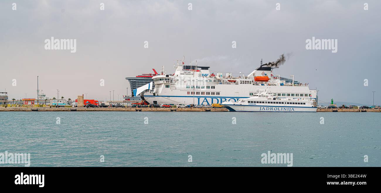 Large ferry docked at the port of Split, Croatia, with surrounding ...