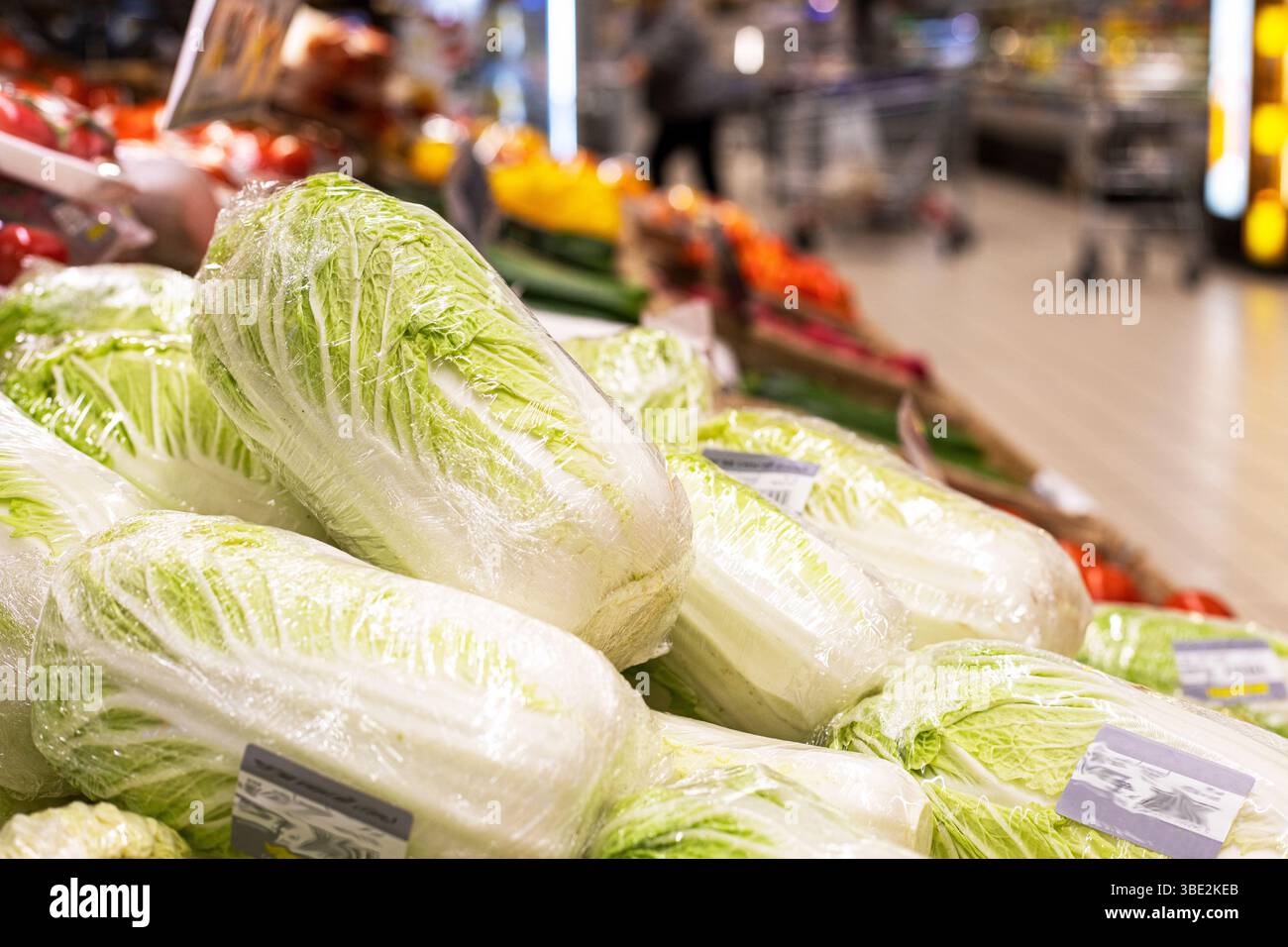 Chinese cabbage packed in transparent film in the supermarket Stock ...