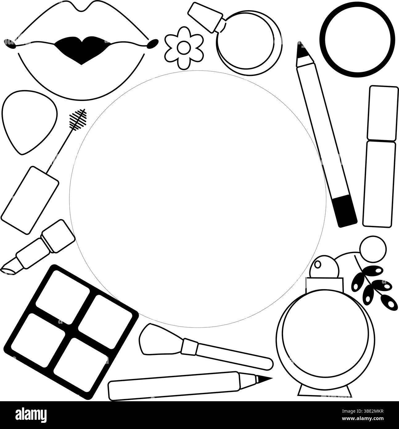 Makeup tools circle round frame in square template. Vector graphic line ...