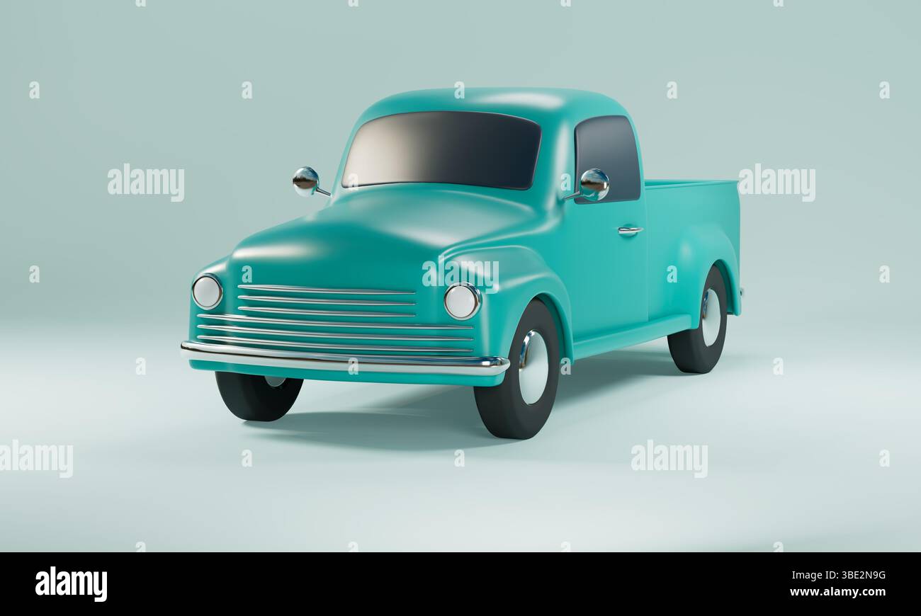 Retro pickup 3d rendering. Old style truck concept on a cyan background ...