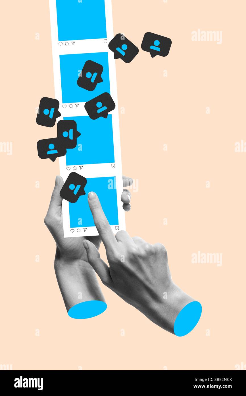 Scrolling Spiral. Hands endlessly swipe down through vertical feed ...