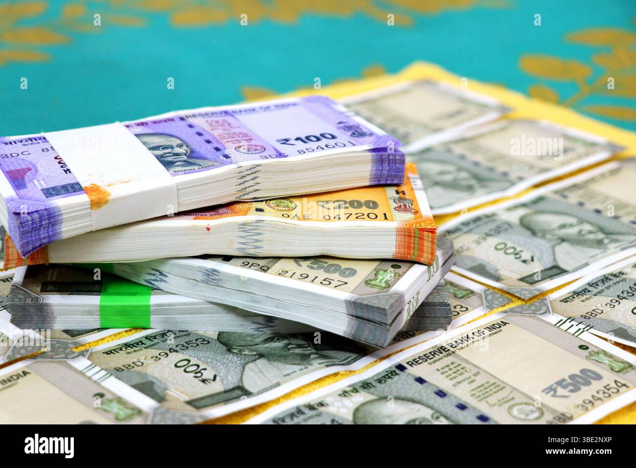 Properly arranged of new indian currency notes rupees 50,100,200 and ...
