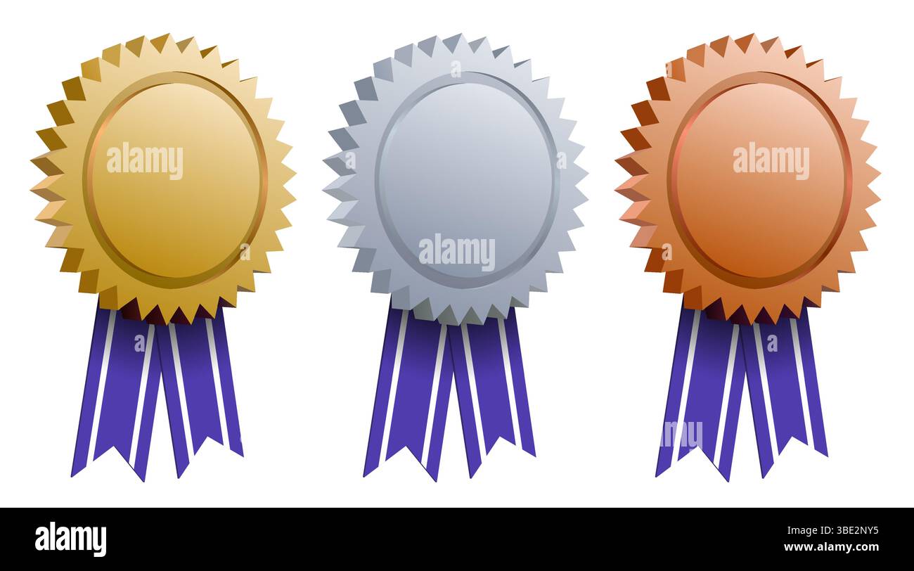 Realistic gold, silver, bronze medals with ribbons set on a white ...