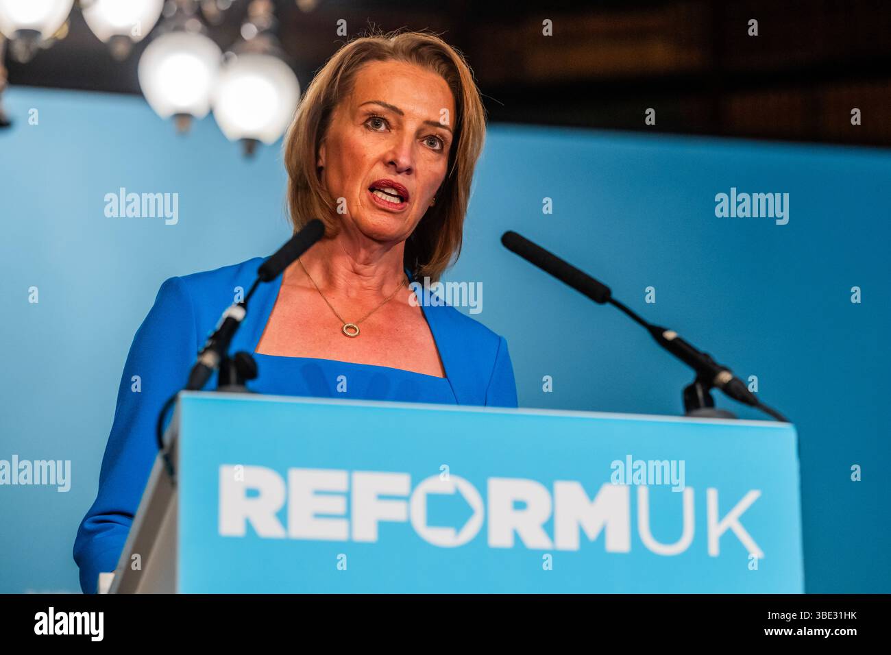 London, UK. 27th May, 2025. Sarah Pochin the party's new MP speaks ...