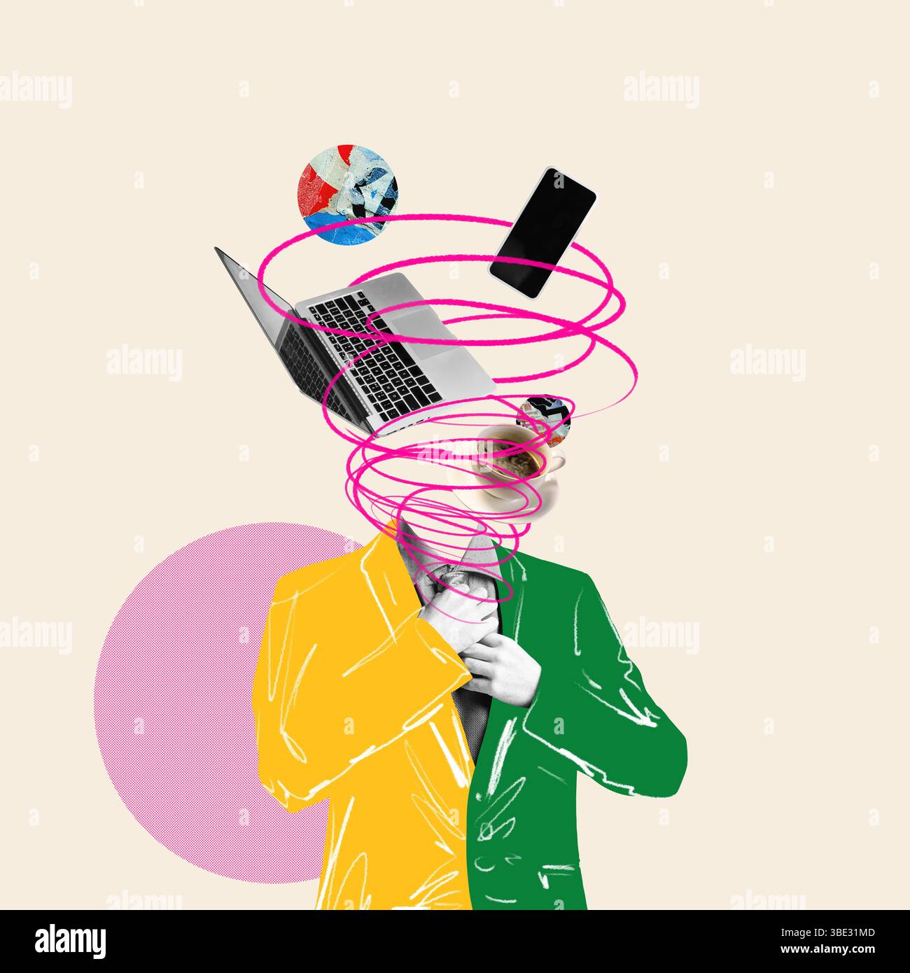 Multitask Mode. Head split in multitask chaos juggling phone laptop ...