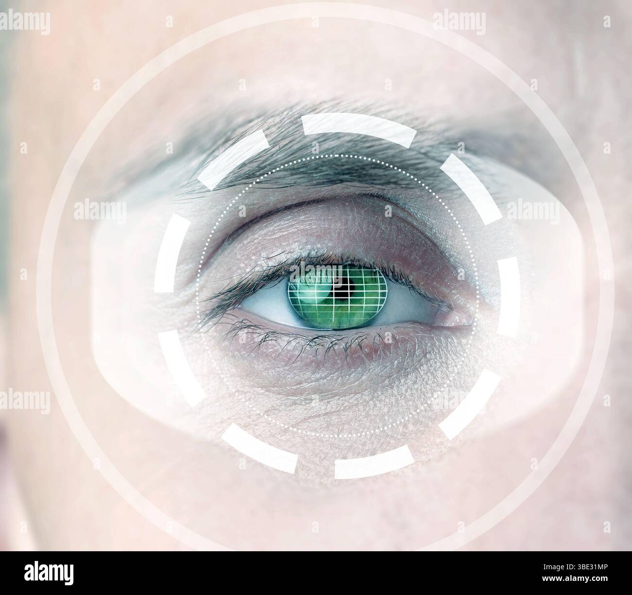 Close-up view of a human eye with digital scanning effects representing ...