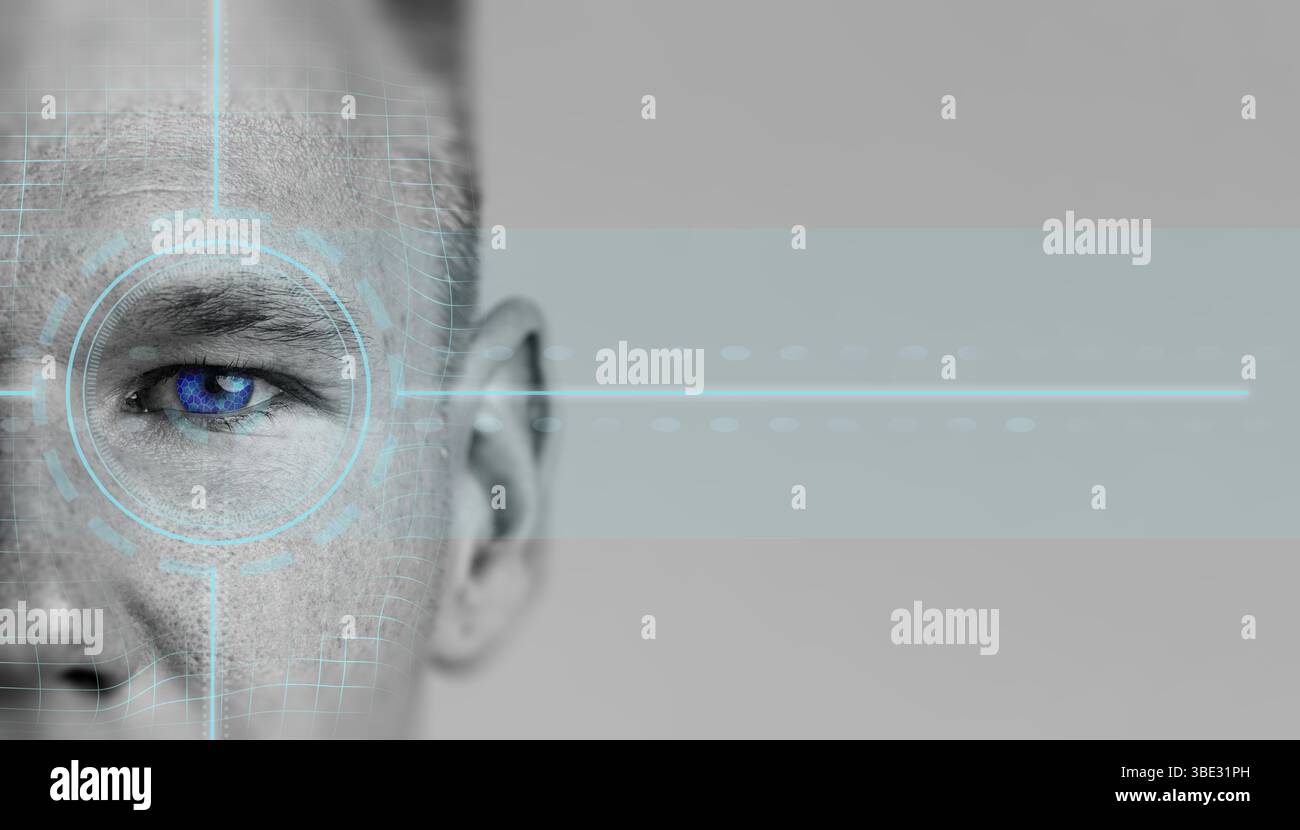 Close-up of a digital biometric eye scan with futuristic technology ...
