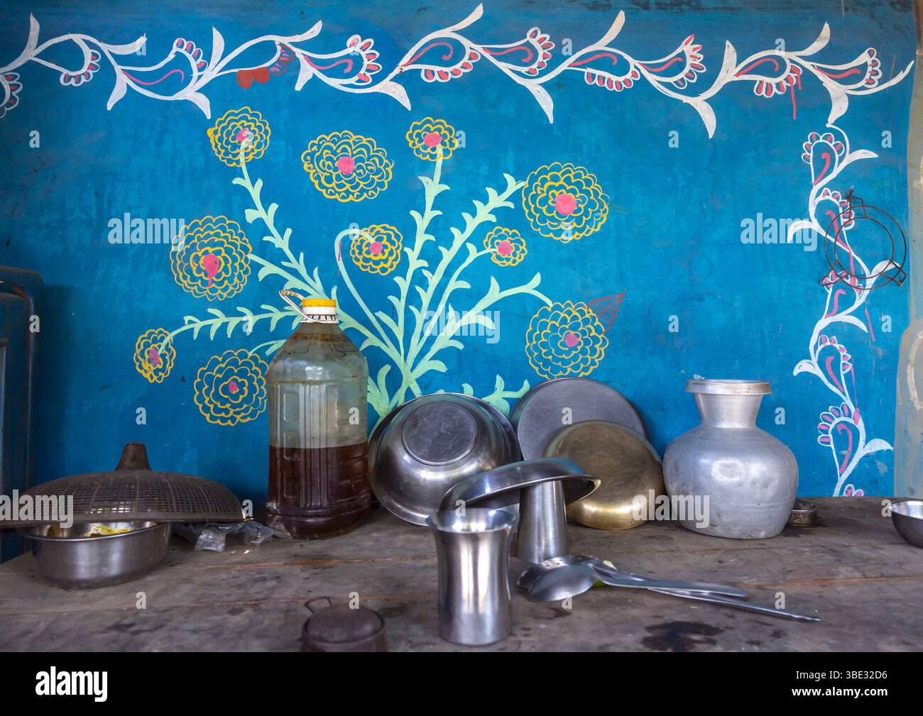 Traditional colorful wall painting in a bangladeshi kitchen, Rajshahi ...