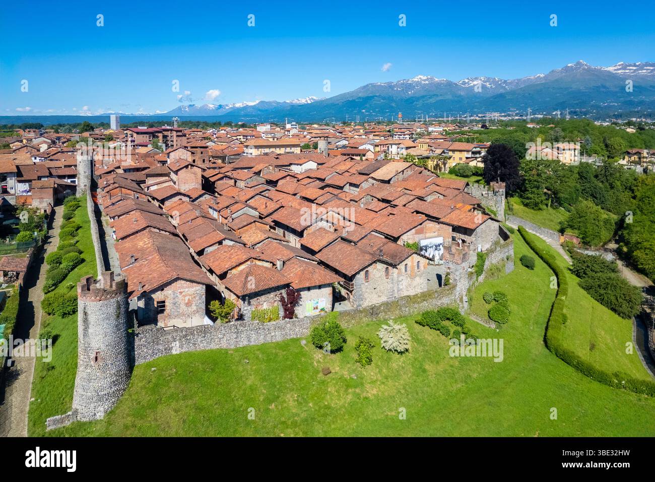Aerial view of the medieval fortified village called Ricetto di Candelo ...
