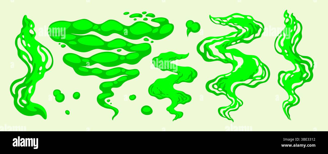 fluorescent green toxic smoke set with wavy gas clouds and vapor trails ...