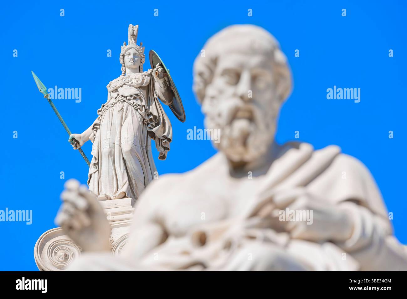 Greece, Athens, statues of Socrates and Athena in front of the Academy ...