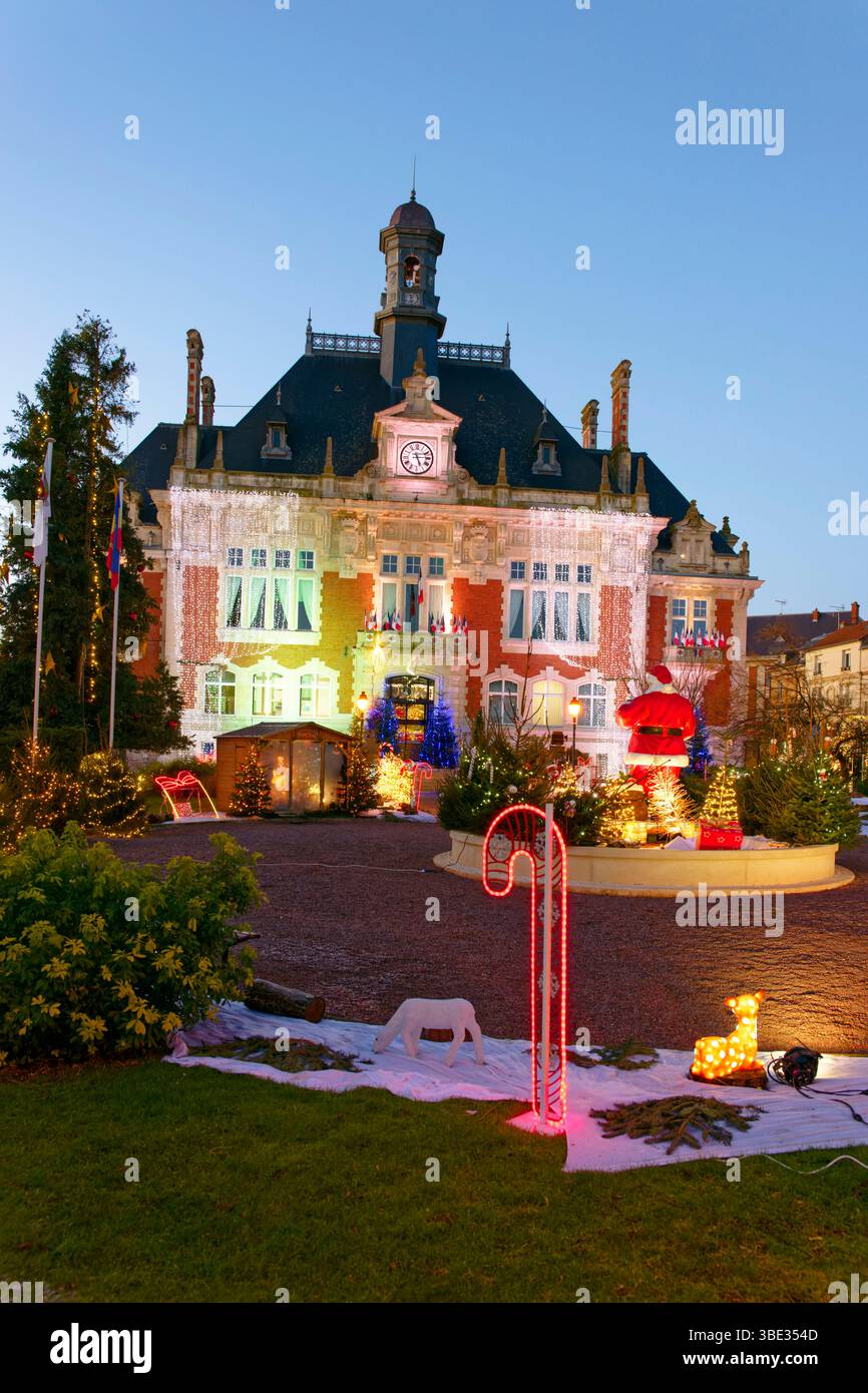 France, Ardennes, Rethel, Town Hall during the Christmas period Stock ...