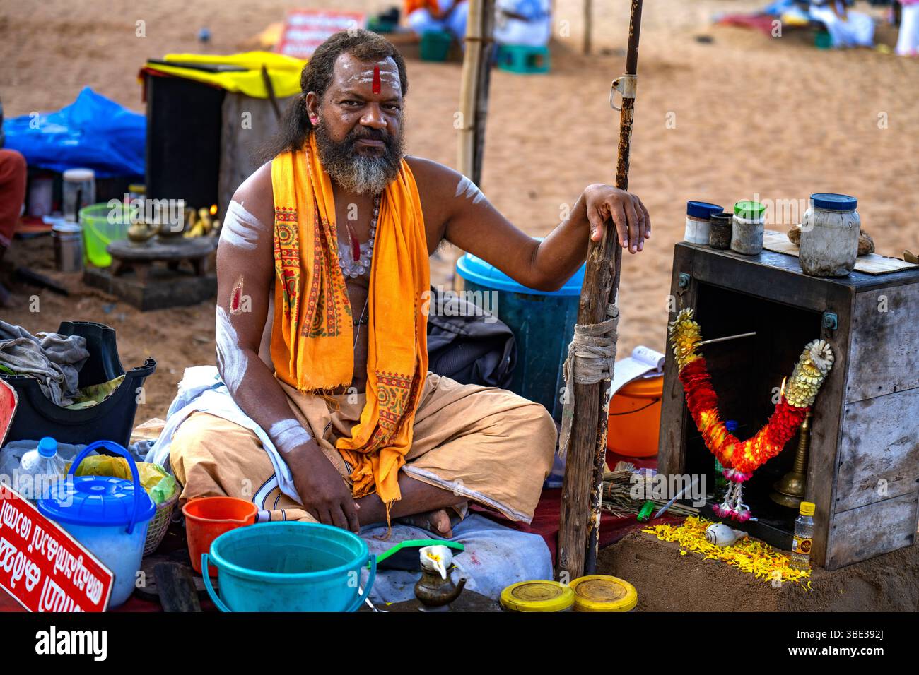 India, Kerala, Varkala beach, offerings at the Varkala Bali Mandapam ...