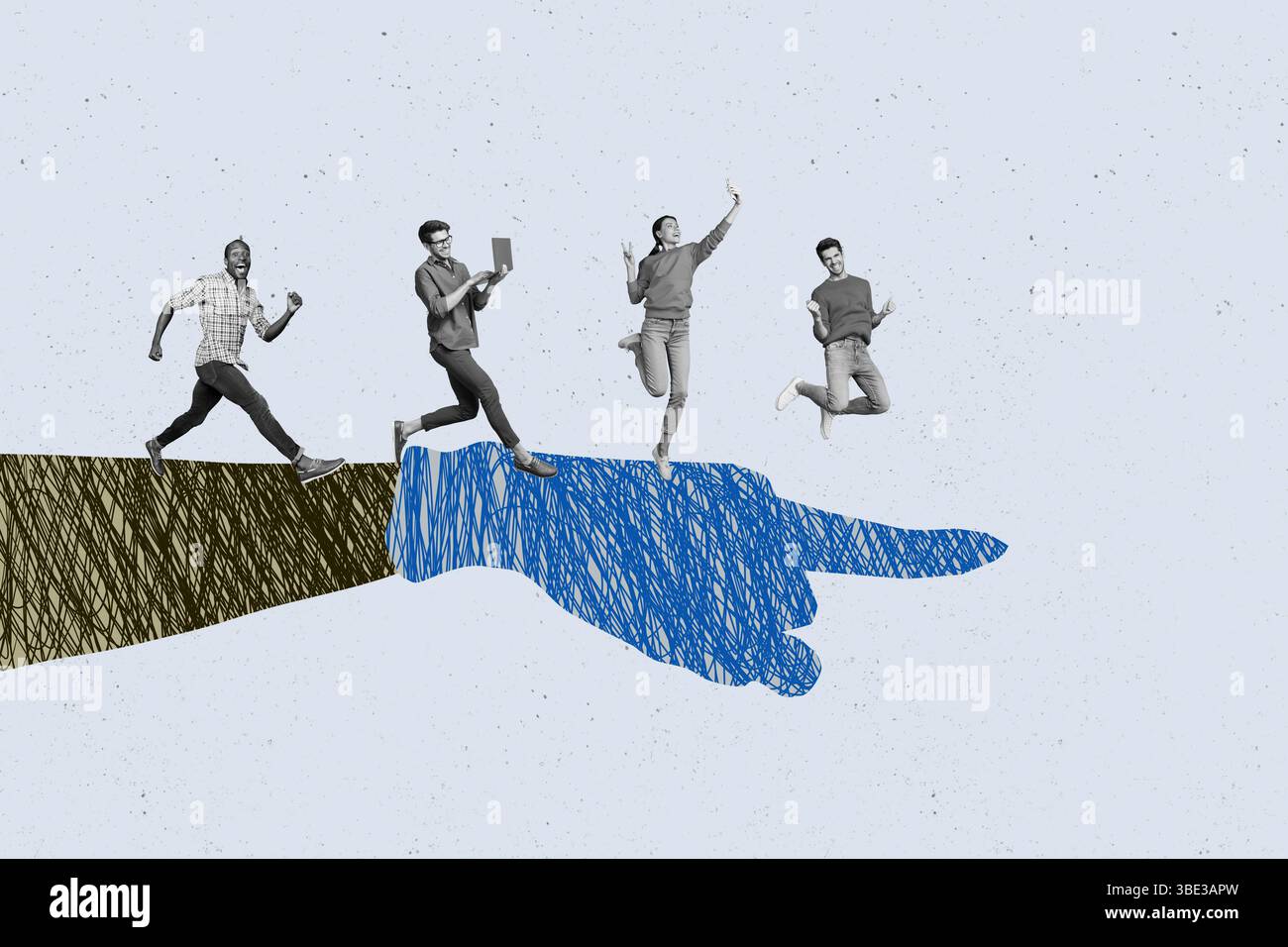 Collage of group of people jumping on pointing hand symbolizing career ...