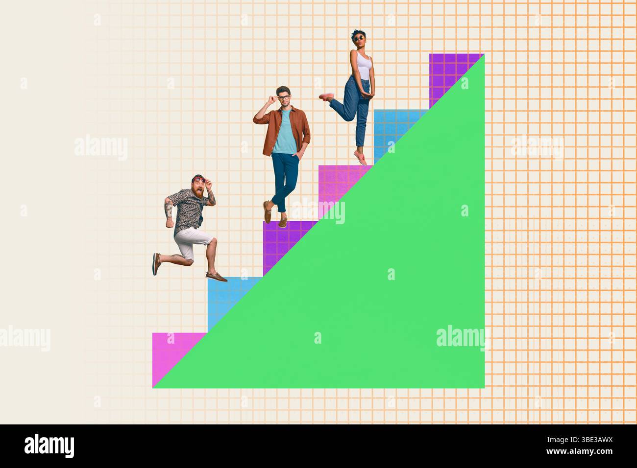 Collage of happy people jumping dancing near rising graph representing ...
