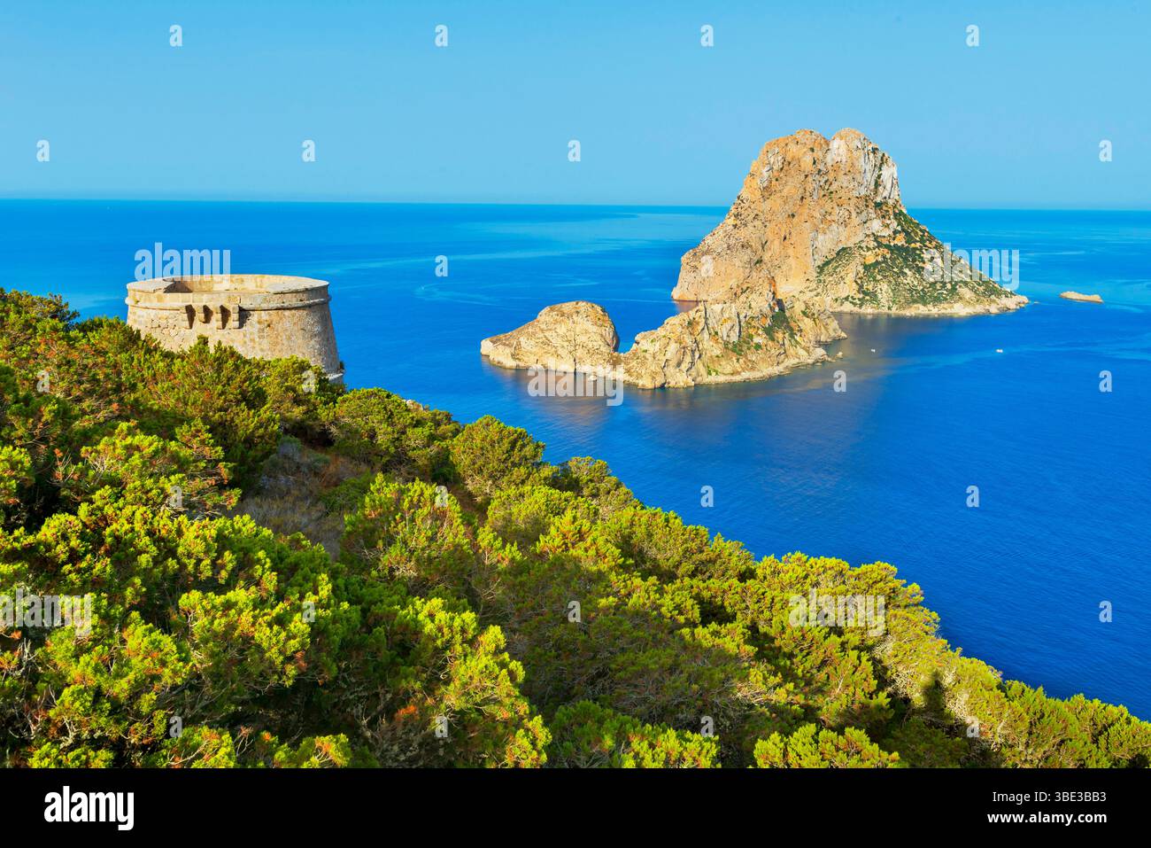 Spain, Balearic Islands, Ibiza, view of Torre des Savinar and Es Vedra ...