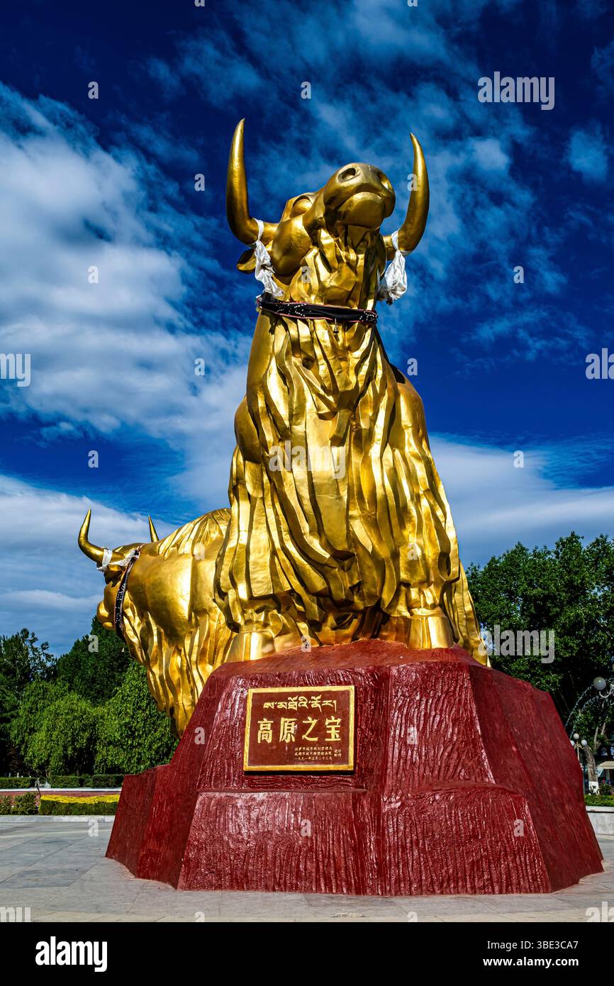 China, Tibet Autonomous Region, Lhasa, statue of golden yaks, symbol of ...