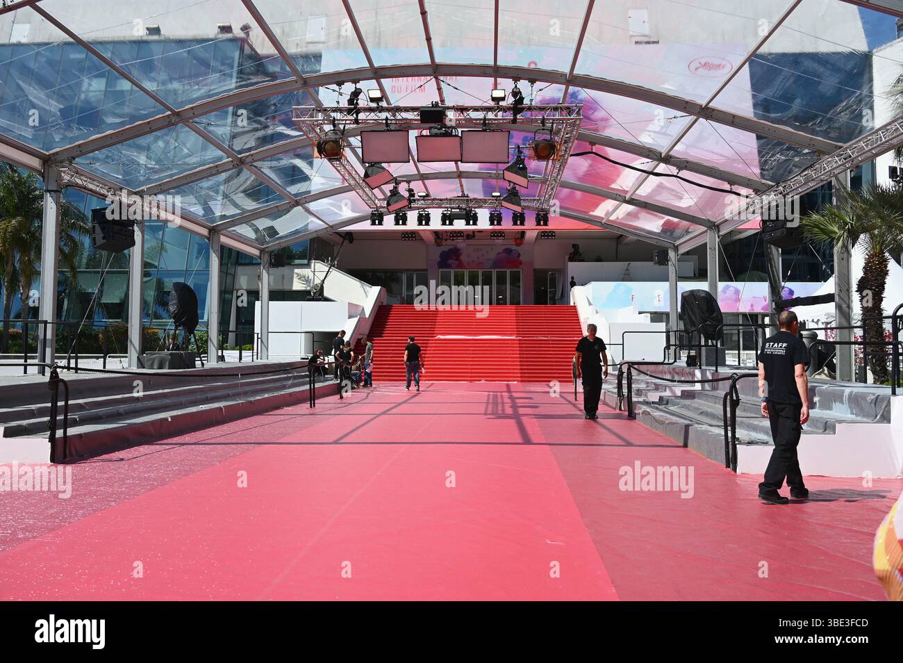 Red carpet installation in front of the Palais des Festivals in Cannes ...