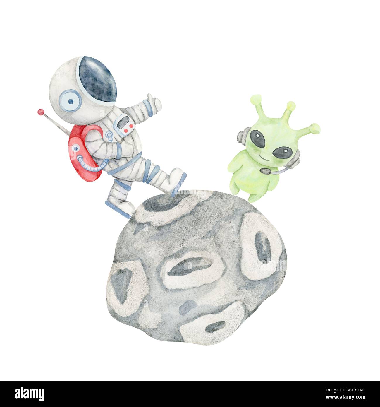 Child astronaut in a light gray suit with red accents and green alien ...